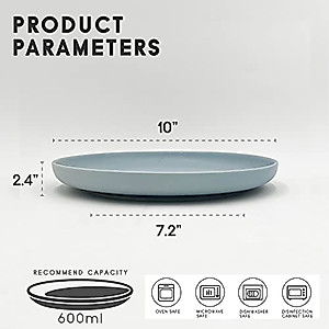 LIVINGTASTE Modern Style 10-inch 30 Oz Ceramic Pasta Bowls, Set of 4 Big Salad Bowls, Multi-Purpose Dinner Plates, Perfect for Casual or Formal Occasions, Dishwasher and Oven Safe - Sky Blue