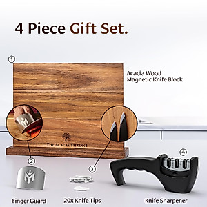 4-PC Magnetic Knife Block Set – Acacia Wood Magnetic Knife Holder Stand with Sharpener, Knife Tips & Finger Guard in Gift Box – Double Sided Magnetic Knife Stand – Pre-Assembled by MODERKNITE [2023]
