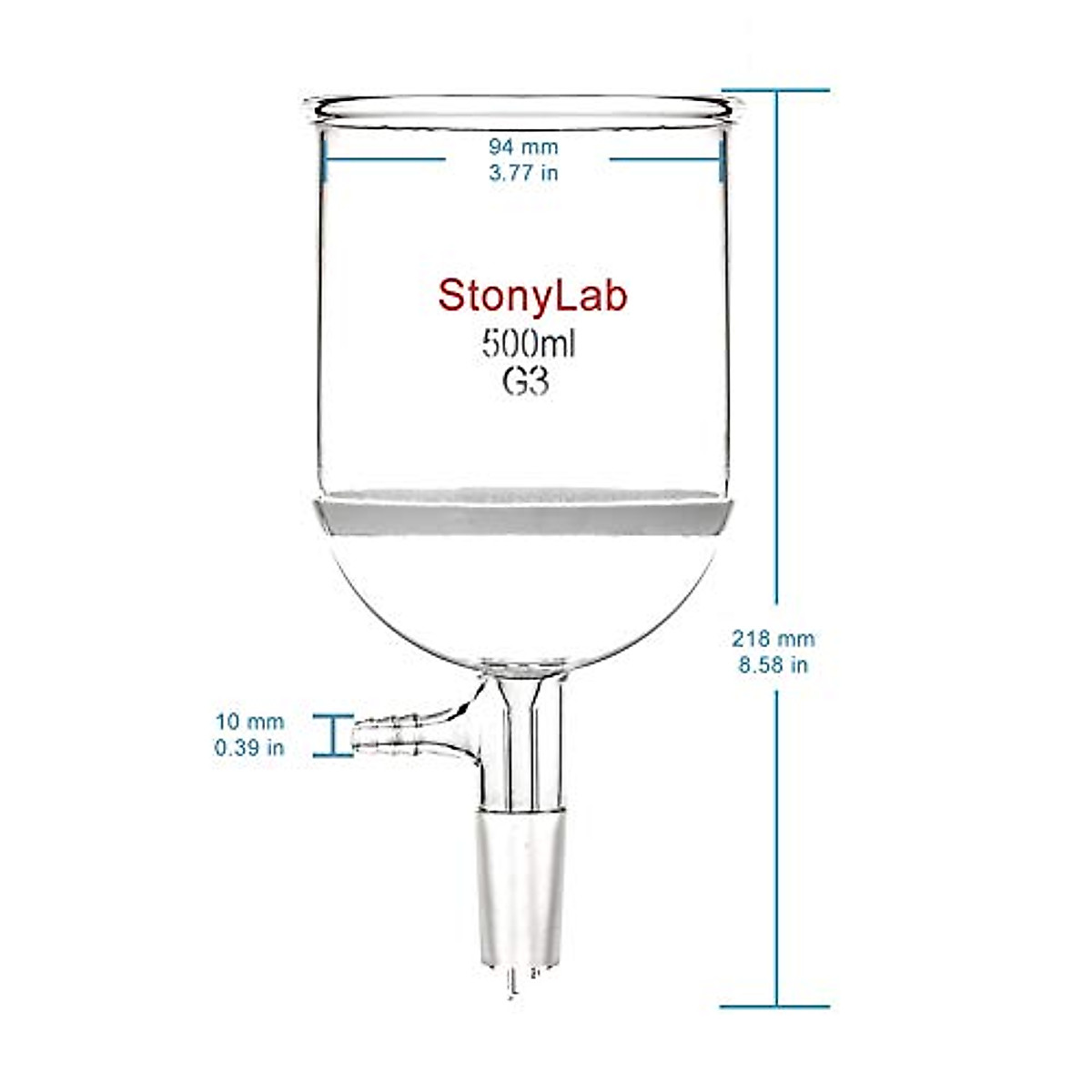 StonyLab Borosilicate Glass Buchner Filtering Funnel with Fine Frit(G3), 94mm Inner Diameter, 100mm Depth, with 24/40 Standard Taper Inner Joint and Vacuum Serrated Tubulation, 500ml