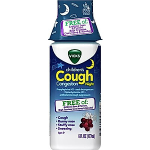 Vicks Children's Nighttime Cough & Congestion Relief, FREE OF: Artificial Dyes & Flavors, High Fructose Corn Syrup & Alcohol, Grape Flavor, For Children Ages 6+, 6 FL OZ