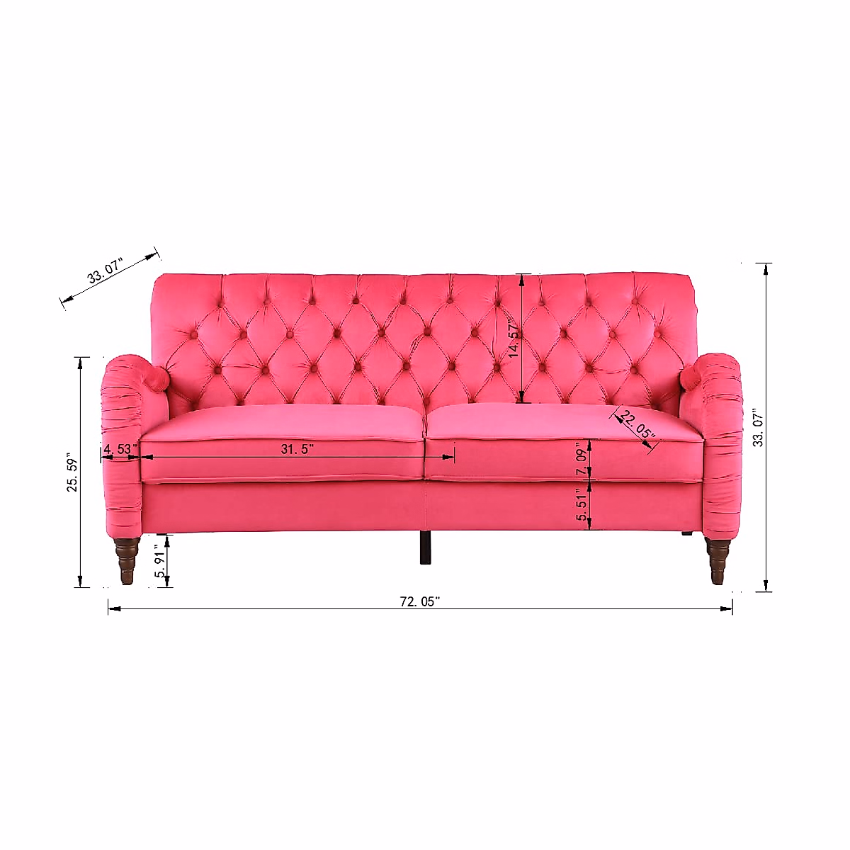 Yoglad Chesterfield-Styled 3 Seater Sofa Couch, Modern 72" Velvet Sofa with Button Tufting, Unique Arm and Wood Legs,Rose Red