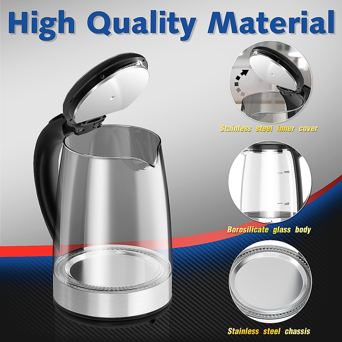 Dezin Electric Kettle, BPA Free Glass Electric Tea Kettle, 304 Stainless Steel Hot Water Kettle Warmer 1.8L with Fast Boil, Auto Shut-Off Boil Dry Protection Tech for Coffee, Tea