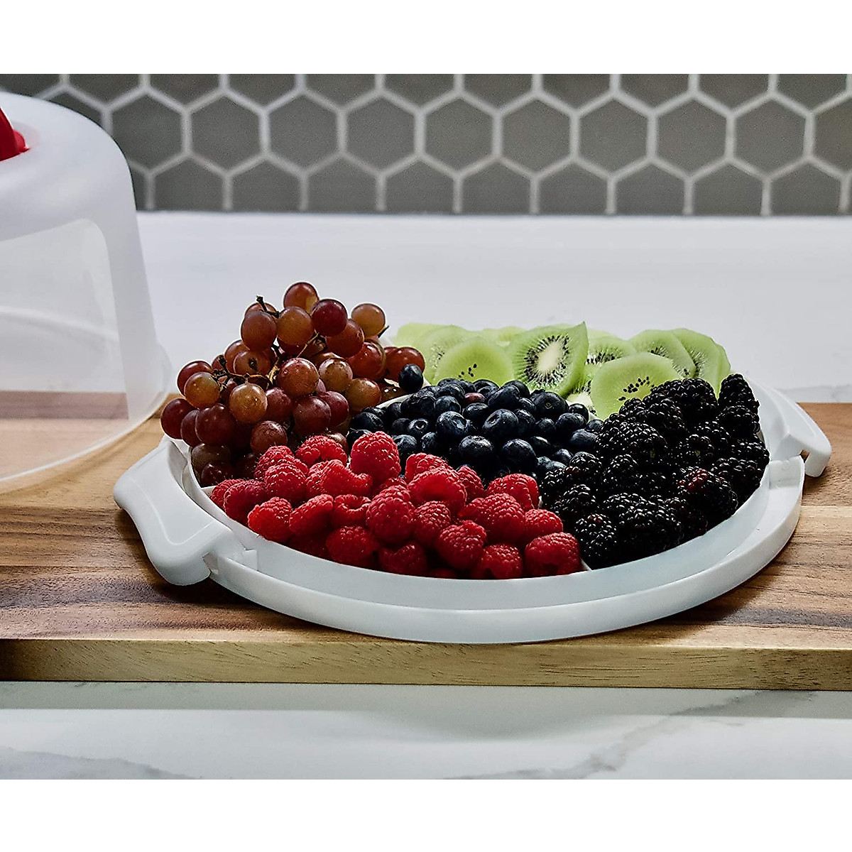 Top Shelf Elements Pie, Cake, Cheesecake Carrier for up to 10 in x 4 1/2 in cake. Two Sided Fashionable Stand Doubles as Five Section Serving Tray Perfect Taker Caddie for Travel (White)
