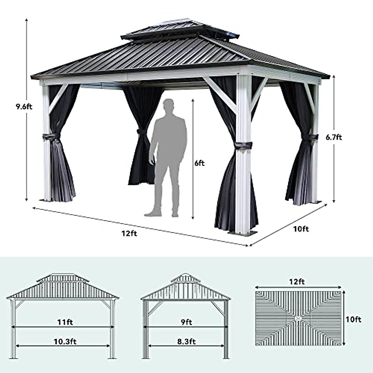 YITAHOME White Gazebo 10x12ft Hardtop Double Roof Canopy Galvanized Iron Aluminum Frame Outdoor Gazebo with Netting and Shaded Curtains Garden Tent for Patio, Backyard, Deck and Lawns, Grey Curtain