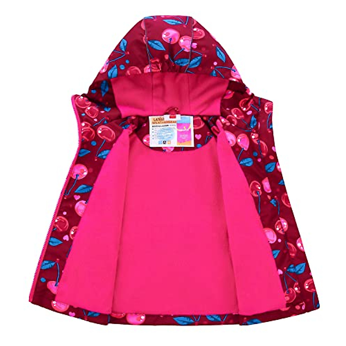 DILIBA Girls Rain Jacket Lightweight Waterproof Windbreaker Hooded Raincoat Winter Warm Fleece Lined Coat for Kids Wine Red Heart 9-10 Years