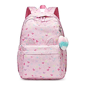 Reqinqin Kids Backpack Girls And Boys Pink Waterproof Large Space School Backpack Suitable for Age for Over 6 Years old Lightweight Travel Cat Ear Heart Keychain Toddler Backpack（Pink Heart）