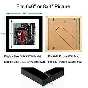 8x8 Picture Frames Black Display Picture Frame 6x6 Solid Wood with Mat Wooden Square Photo Frame for Wall Hanging or Table Top Home Decoration-8x8 Black