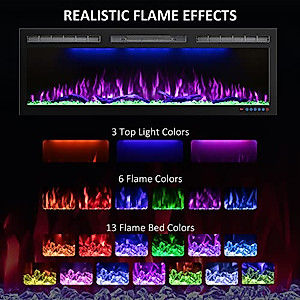 Mystflame 72 Inch WiFi-Enabled Electric Fireplace Inserts & Wall Mounted, Slim Electric Fireplace Heater, 750/1500w, Adjustable Flame Color, Remote Control & Touch Screen, Logs & Crystals, Black