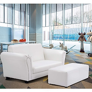 Costzon Kids Couch with Footstool, 2 in 1 Double Seat Children's Sofa w/PU Leather Surface, Armrest Chair Lounge, Soft Kids Sofa for Preschool Bedroom Kids Room Toddlers Boys Girls Birthday (White)