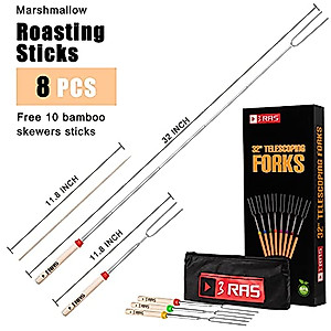 Marshmallow Roasting Sticks-Set of 8 Smores sticks & Hot Dog Forks 32 Inches Telescoping for Fire Pit Campfire with Extra 10 Bamboo Skewers BBQ Kit for Outdoor Camping