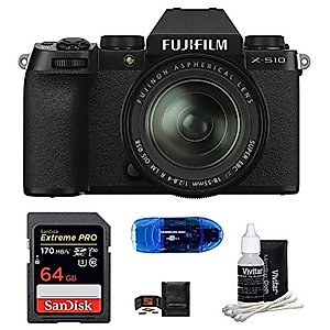 FUJIFILM X-S10 Mirrorless Digital Camera with 18-55mm Lens Bundle, Includes: SanDisk 64GB Extreme PRO SDXC Memory Card, Card Reader, Memory Card Wallet and Lens Cleaning Kit (5 Items)