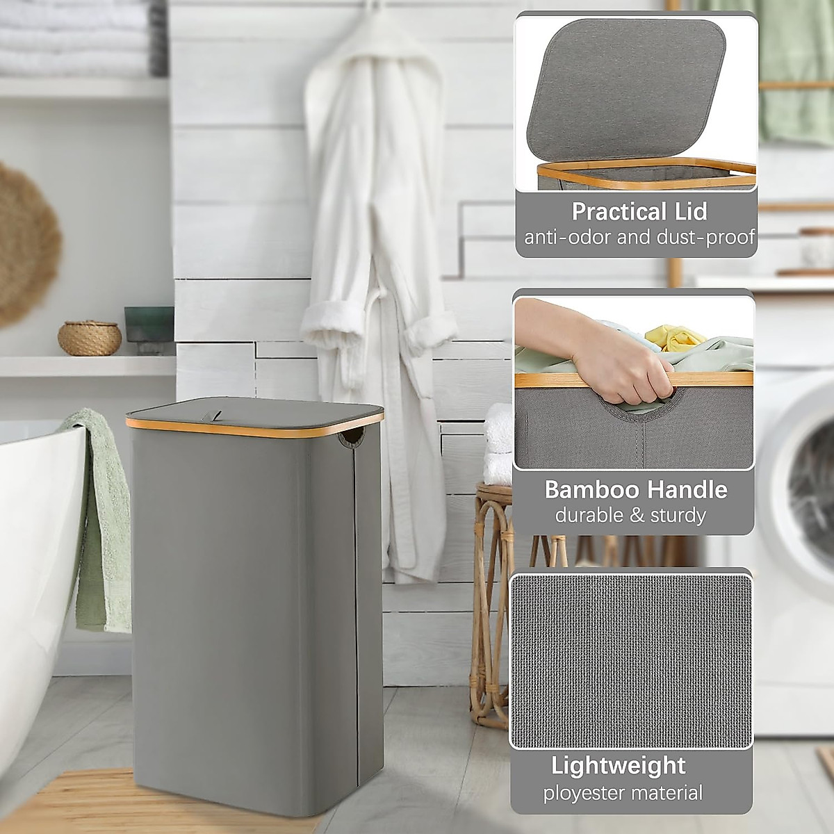 Ulbemoll Laundry Hamper with Lid, 26 Gal(100L) Grey Laundry Basket With Bamboo Handles Slim Foldable, Removable Mesh Liner Large Wash Baskets Laundry Bin Dirty Clothes Basket for Bedroom, Bathroom