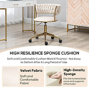 NIOIIKIT Velvet Office Desk Chair with Hand Woven Backrest, 360° Swivel & Height Adjustable Task Chairs, Makeup Chair, Living Room Chairs with Stainless Base and 5 Wheels (Ivory)