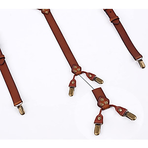 PAHVRION Leather Suspenders For Men 43.7-49.6Inch Y-Back Adjustable Brown Gneuine Leather Suspenders Groomsmen Gift for Wedding
