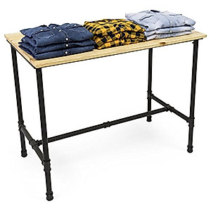 Displays2go, Large Pipe Display Table, Metal and Pine Wood Construction – Natural Finish, Black Hardware (PPLNNSTLRG)