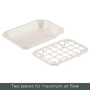 mDesign Metal 2-Piece Soap Dish Tray with Drainage Grid and Holder for Kitchen Sink Countertops to Store Soap, Sponges, Scrubbers - Rust Resistant - 2 Pack - Cream/Beige