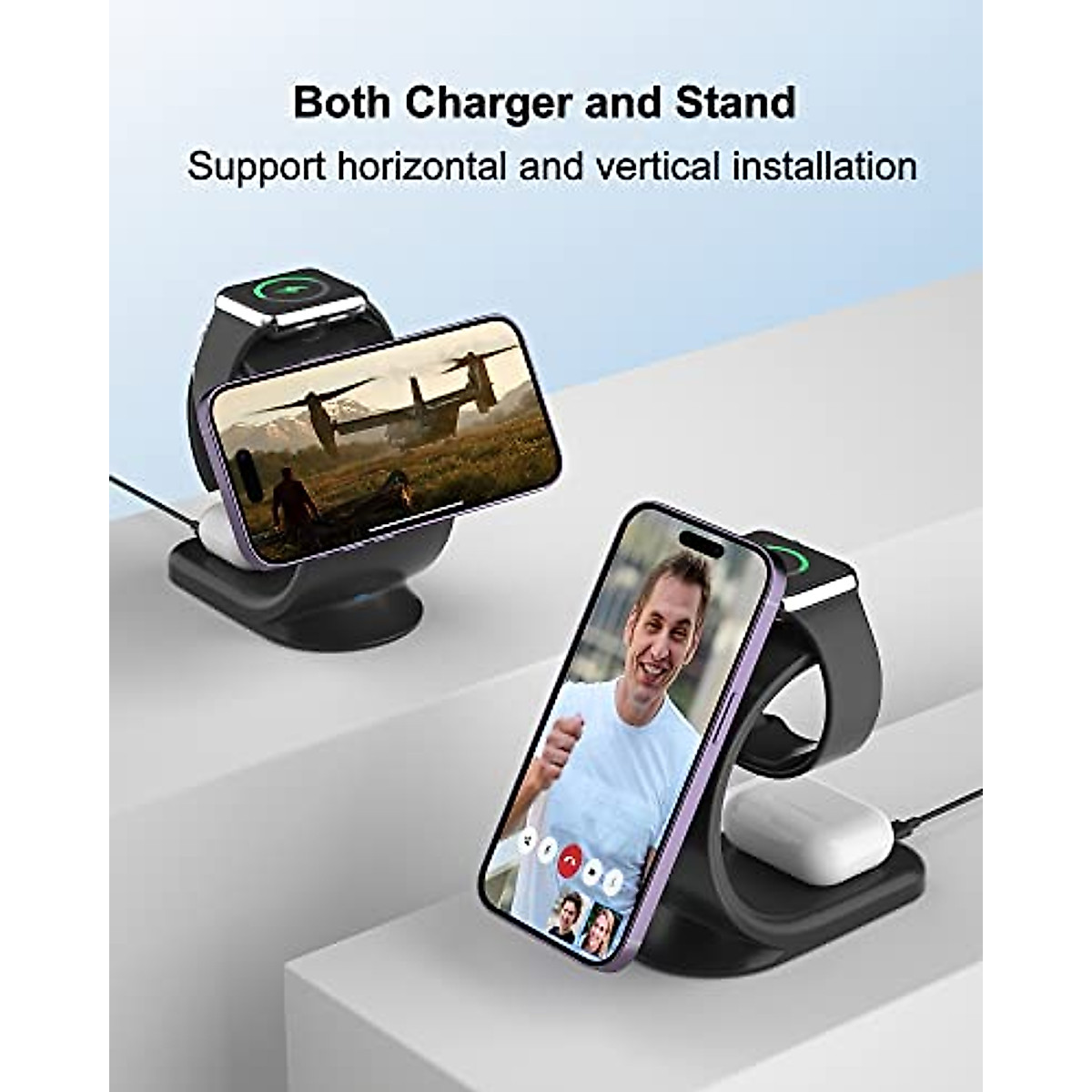 Veanpus Magsafe Charger Stand, Wireless 3 in 1 Charger with QC3.0 Adapter, Magnetic Wireless Charger Compatible with iPhone 15,14,13,12 Pro Max/Pro/Mini/Plus, iWatch se/8/7/6/5/4/3/2, AirPods(Black)