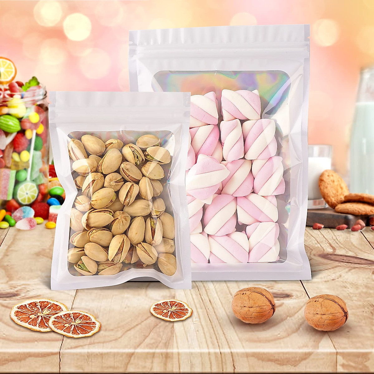 JTIEO 50Pcs Resealable Bags for Food Storage 4x6Inch Holographic Bags with Clear Window Foil Pouch Packaging Bag Self Sealing Bag for Party Favors, Lipgloss, Jewelry, Candy White