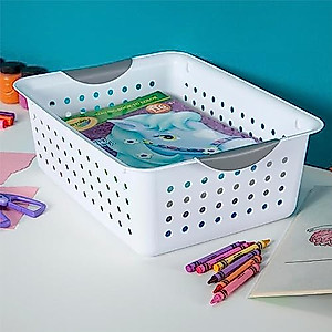 Sterilite Medium Ultra Ventilated Open Top Plastic Storage Organizer Basket with Gray Contoured Carrying Handles, White (24 Pack)