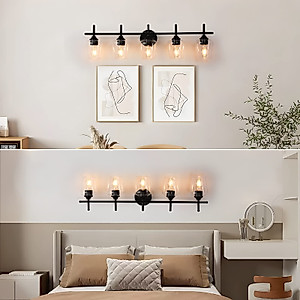 foucasal Black Bathroom Light Fixtures 5-Light Bathroom Vanity Light with Clear Glass Shade, Industrial Matte Bathroom Wall Lights for Bathroom Bedroom Hallway Living Room (E26 Base)