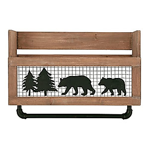 Synovana Cabin Style Hanging Towel Rack with Bar Farmhouse Wooden Floating Shelf Bear Wall Decor Rustic Wall Mounted Storage Towel Rack for Bathroom Kitchen Living Room Home Decor
