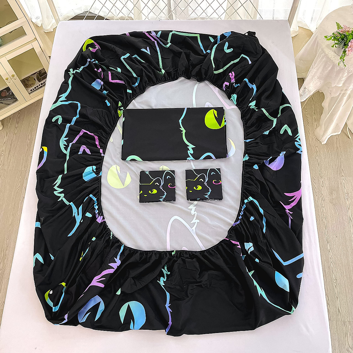 BailiPromise Cute Cartoon Cat Sheets Set Twin Size,Kawaii Simple Strokes Animals Kids Bed Sheets with Pillowcase,Cot Sheets Fitted Sheet with 16" Deep Pocket,for Girls Boys Teen Bedding 4 Piece Set