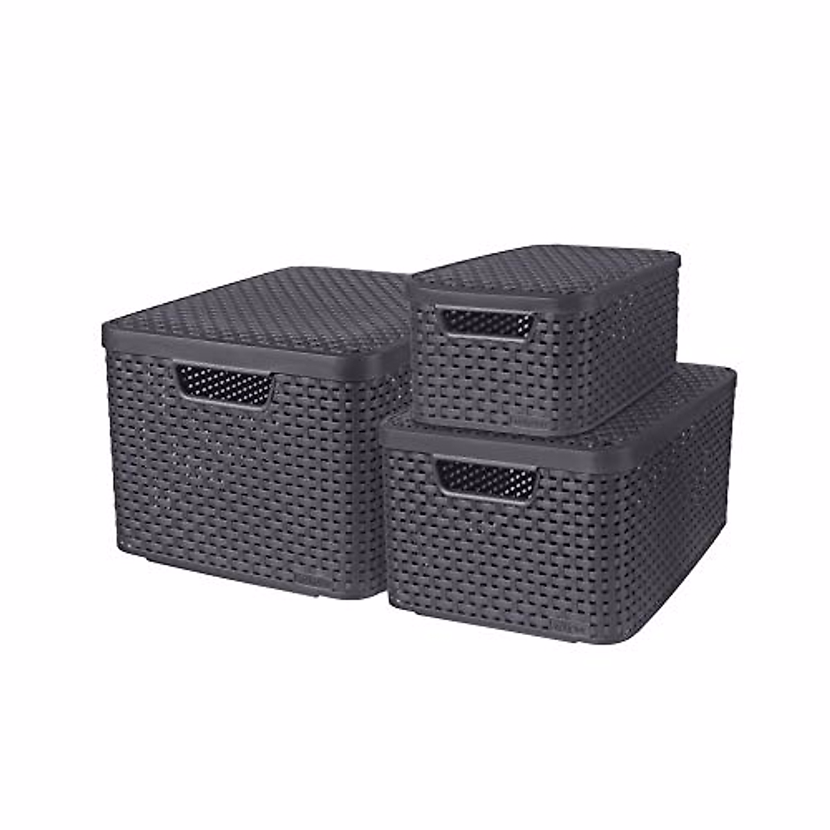 Curver Style Set of 3 Baskets with Lids, Sizes S 7 Litres, M 18 Litres and L 30 Litres, Anthracite