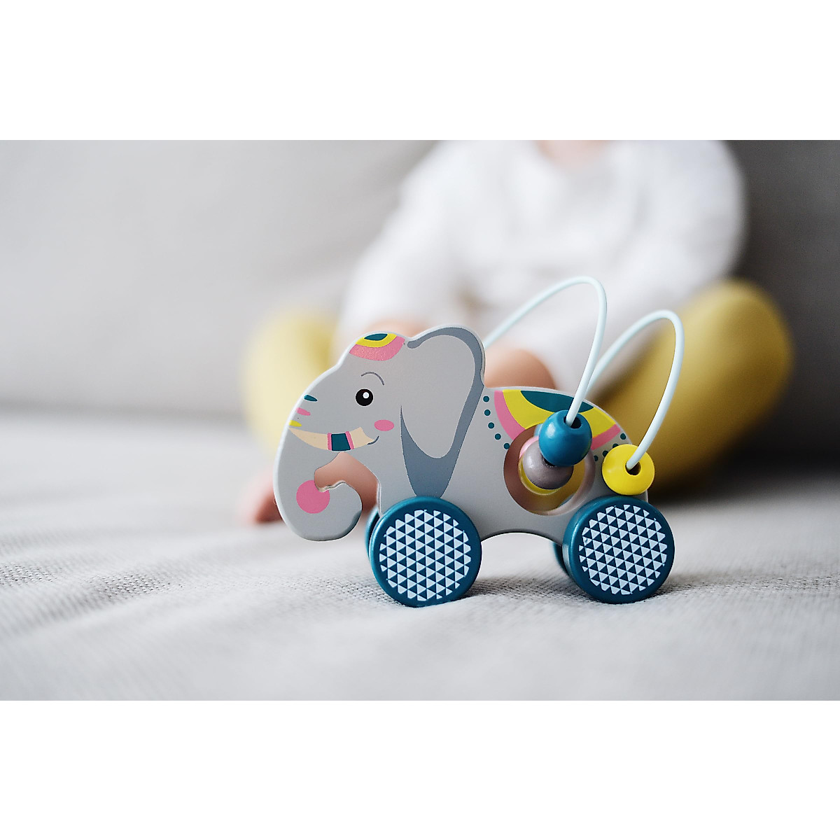Small Foot Wooden Toys Push-Along Elephant with an Activity Loop & Beads Designed For Children 12+ Months