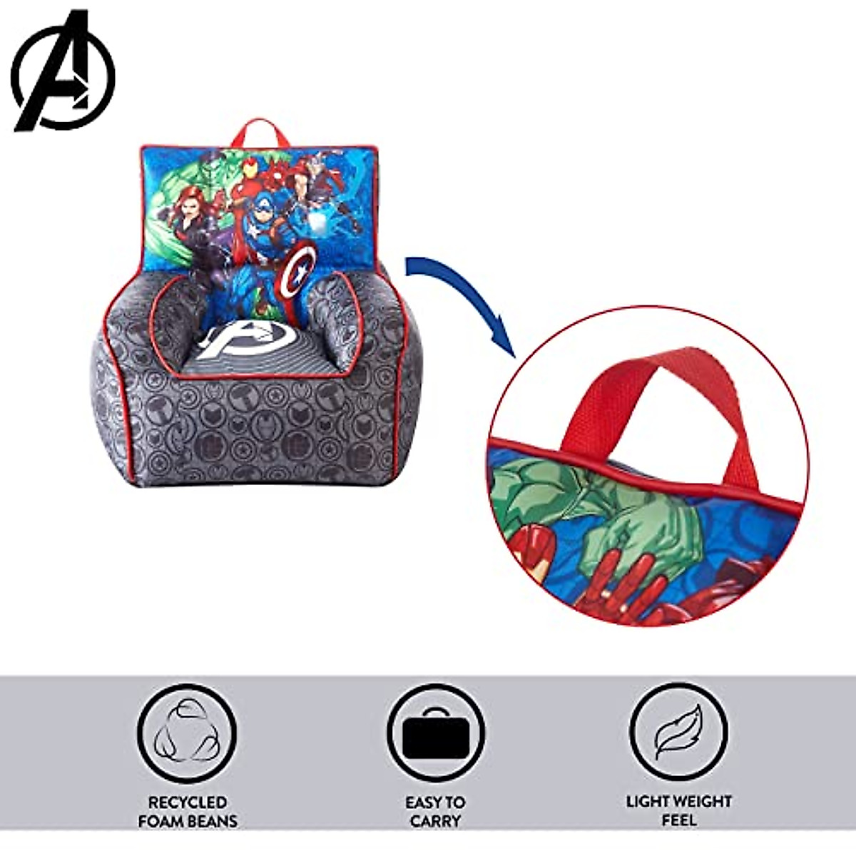 Idea Nuova Marvel Avengers Toddler Nylon Bean Bag Chair with Piping & Top Carry Handle, Large