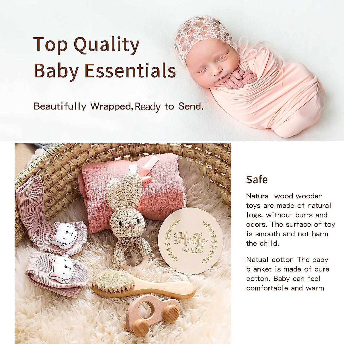 New Born Baby Gift Basket, Baby Boys Girls Shower Gifts with Wooden Rabbit Rattles, 6PCs New Born Essentials Bath Set with Baby Brush,Blanket,Milestones Cards