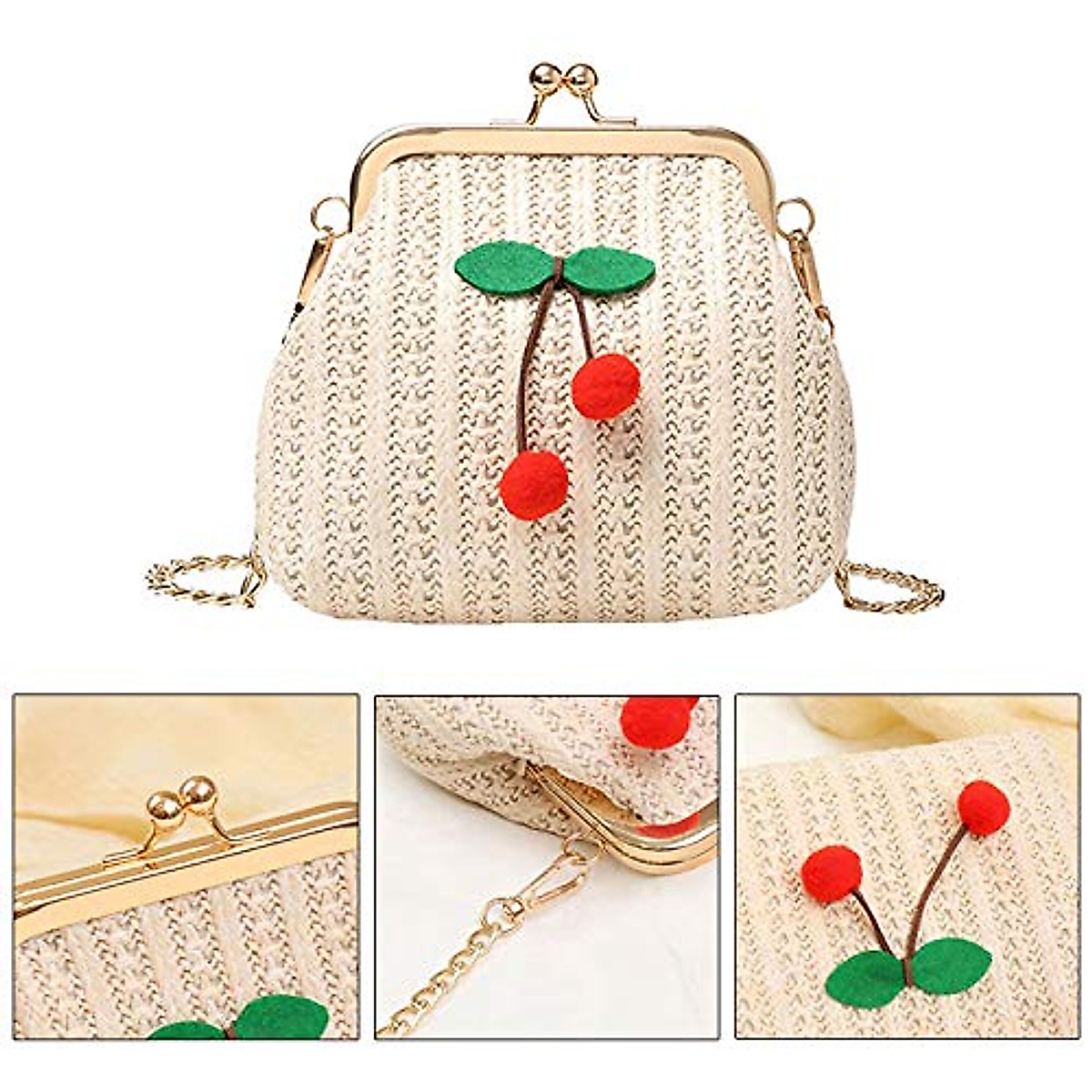 Buddy Supplies Women Straw Weave Handbag Summer Beach Purse Kiss Lock Shoulder Bag Chain Crossbody Bag beige