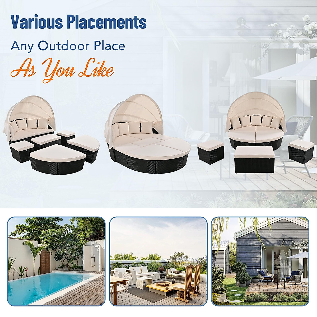 LUMISOL Patio Round Daybed with Retractable Canopy, Outdoor Rattan Sectional Sofa Set, Rattan Canopy Bed with Washable Cushions for Backyard Garden Porch Poolside, Beige