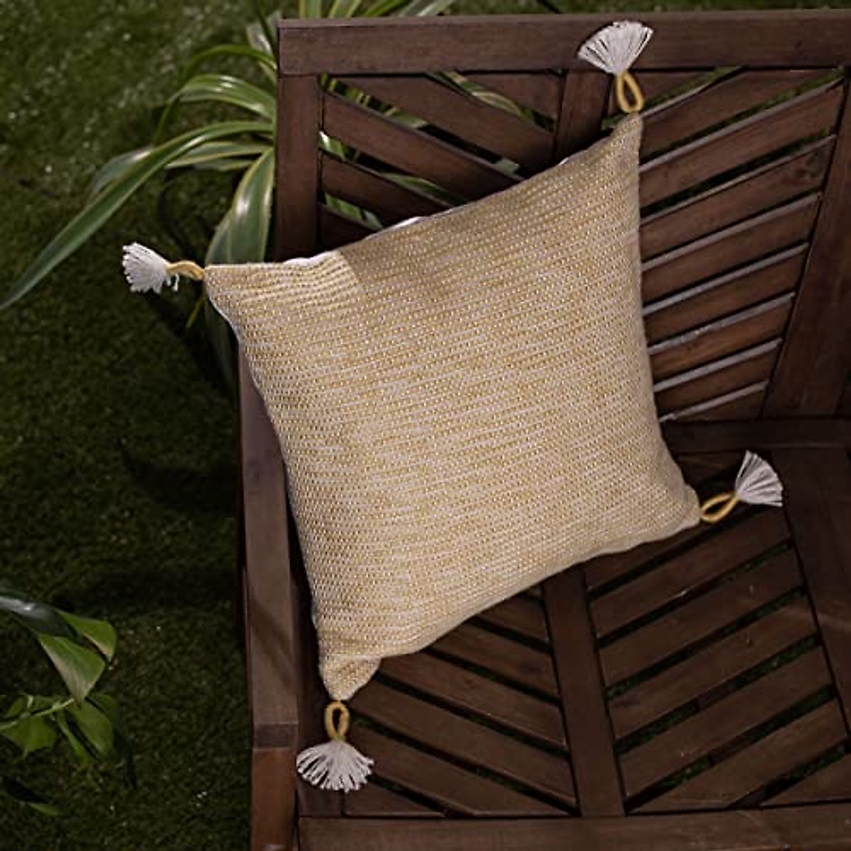 Foreside Home & Garden Yellow & White 18X18 Hand Woven Filled Outdoor Pillow