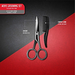 ManMade: Men's Grooming Set Mustache and Beard Scissors + Free Comb, Two-Piece Grooming Essentials, Stainless Steel Facial Hair Scissors for Men (Red)