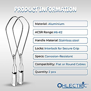 OhLectric Range 6-2 Aluminium Wedge Clamps - Stainless Steel Ball Handle - Loop With Lock - Reduces Sagging Of Overhead Aerial Cables - Corrosion Resistant Cable Clamps (Pack of 2) - OL-40649