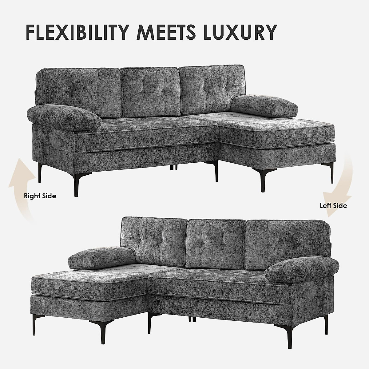 Siiejia Convertible Sectional Couch Sofa, 82" Chenille L Shaped Couch with Reversible Chaise, 3-Seat Comfy Couch Sofa Set for Living Room Apartment Small Space, Dark Grey