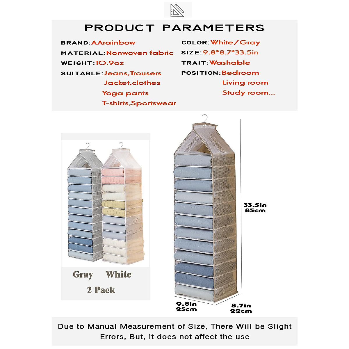 AARAINBOW 2 Packs Yoga Legging Storage Organizer Hanging Clothes Storage Shelf Short, Foldable Hanging Closet Organizer for T Shirt Tank Top 12 Shelves Hanging Organizer (Gray White)