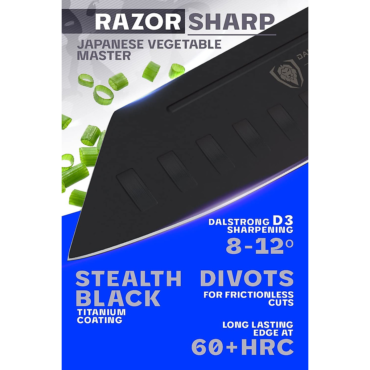 Dalstrong Santoku Knife - 7 inch - Delta Wolf Series - Ultra-Thin & Zero Friction Blade - Black Titanium Nitride Coating Vegetable Kitchen Knife - G10 Camo Handle - Leather Sheath