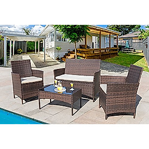 Homall Outdoor Indoor Use Backyard Porch Garden Poolside Balcony Sets Clearance Brown and Beige 4 Pieces Furniture
