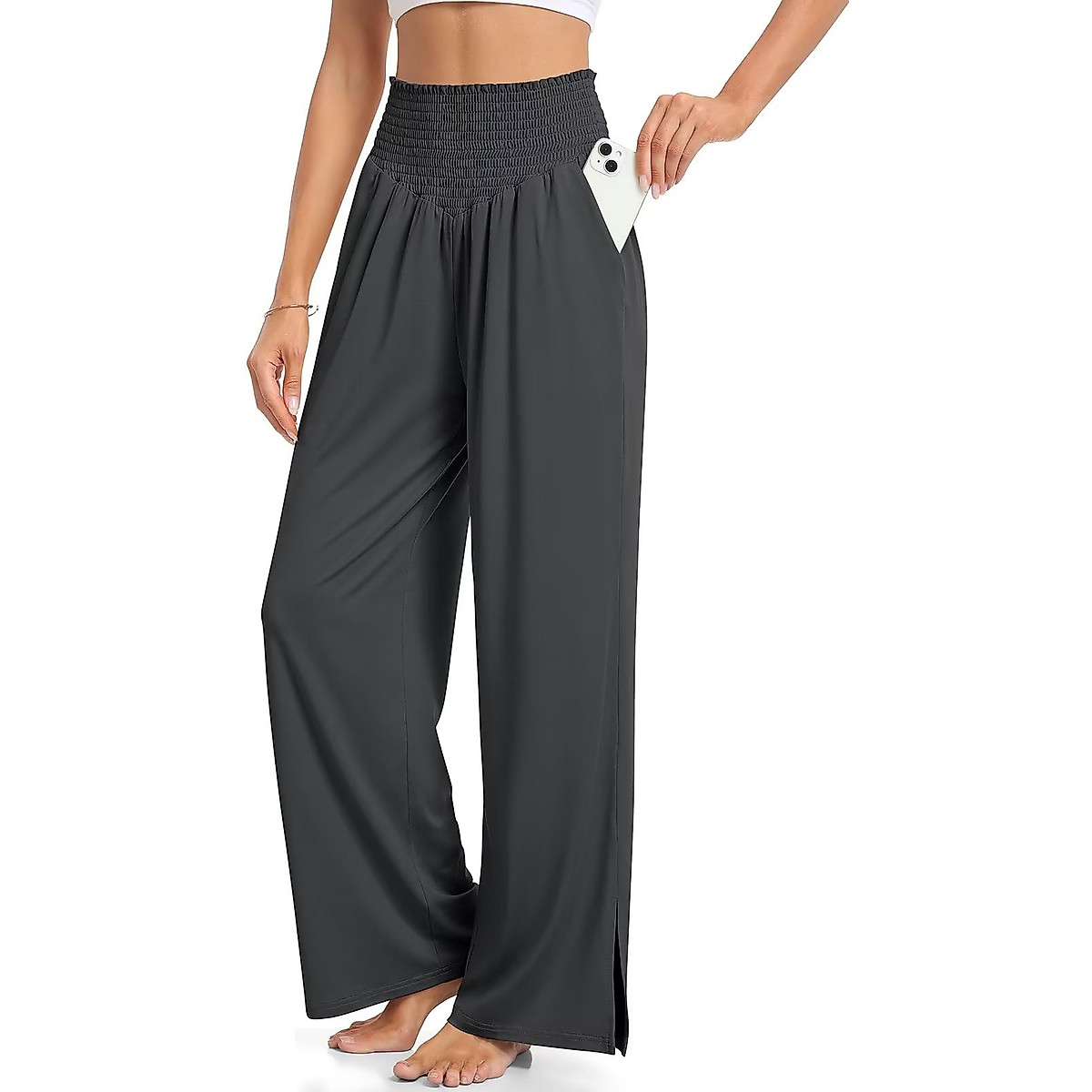 UEU Women's Wide Leg Pants Elastic Casual High Waisted Travel Lounge Yoga Palazzo Pants with Pockets, Dark Gray, XL