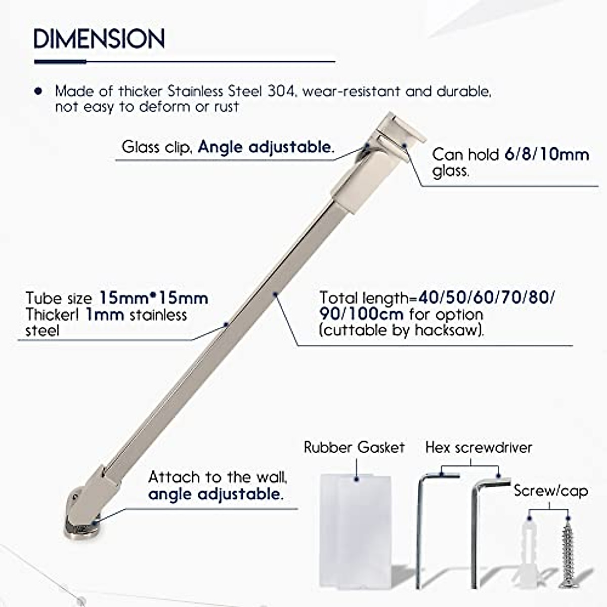40cm / 15.7" Stainless Steel Frameless Shower Door Fixed Panel Wall-to-Glass Support Bar for 1/4" to 3/8" Thick Glass by M-Home (400mm, Chrome)