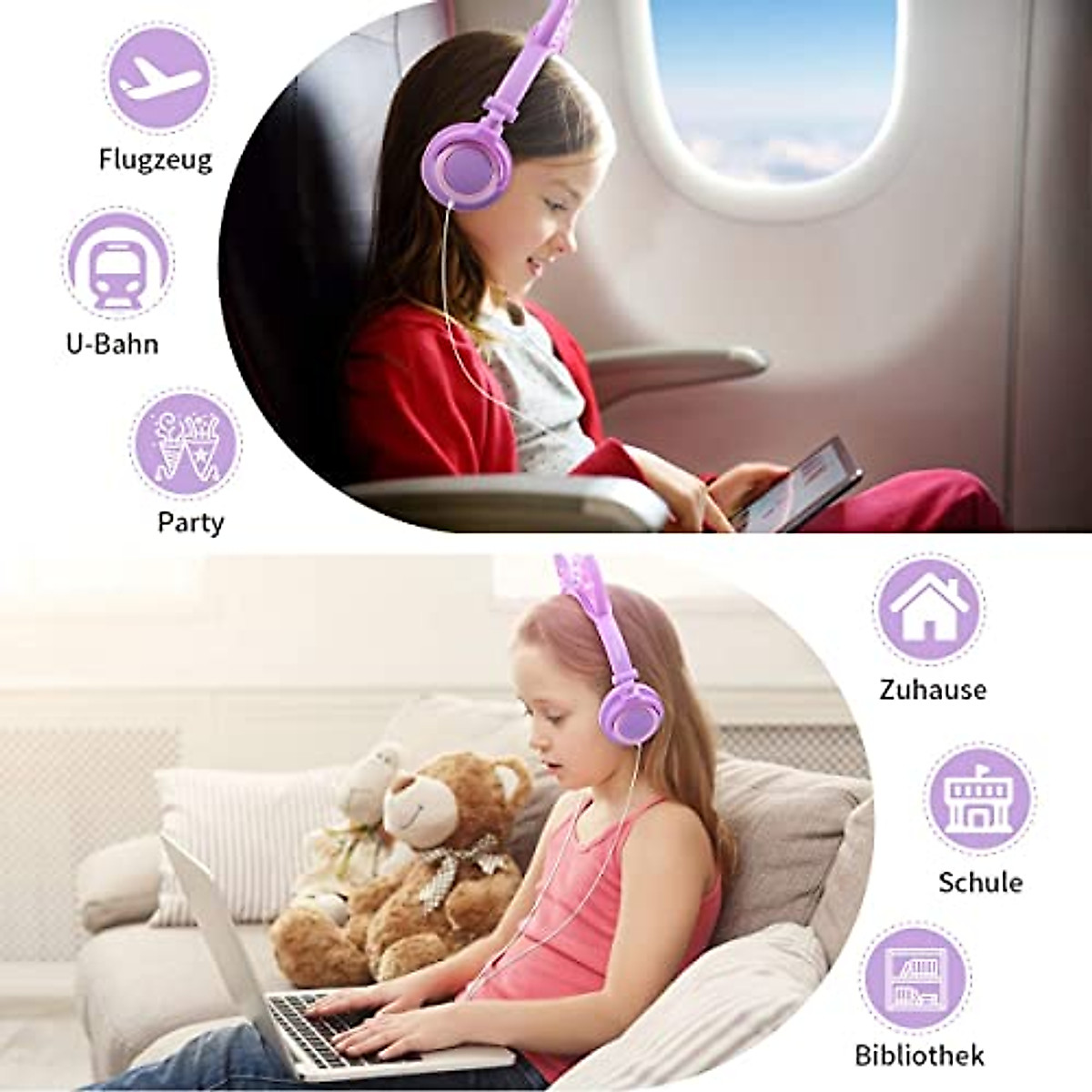 LOBKIN Unicorn Kids Headphones Cat Ear, Wired Toddler Headphones with LED Light Up, 85dB Volume Limited, Foldable 3.5mm Jack Girls Headphones for School/Travel/iPad/Tablet - Purple