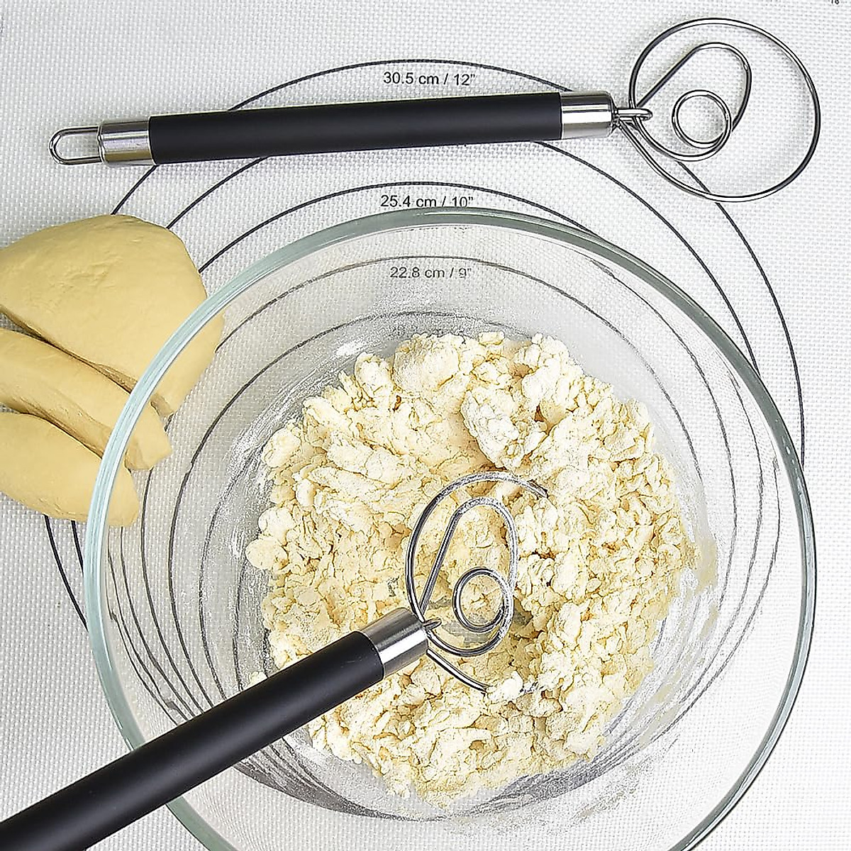 Guowall Stainless Steel Dough Whisk for Dutch Bread with Rubber Anti-Slip Handle 12 inch Dough Blender Mixer Baking Tools for Cake Bread Pizza Pastry Biscuits