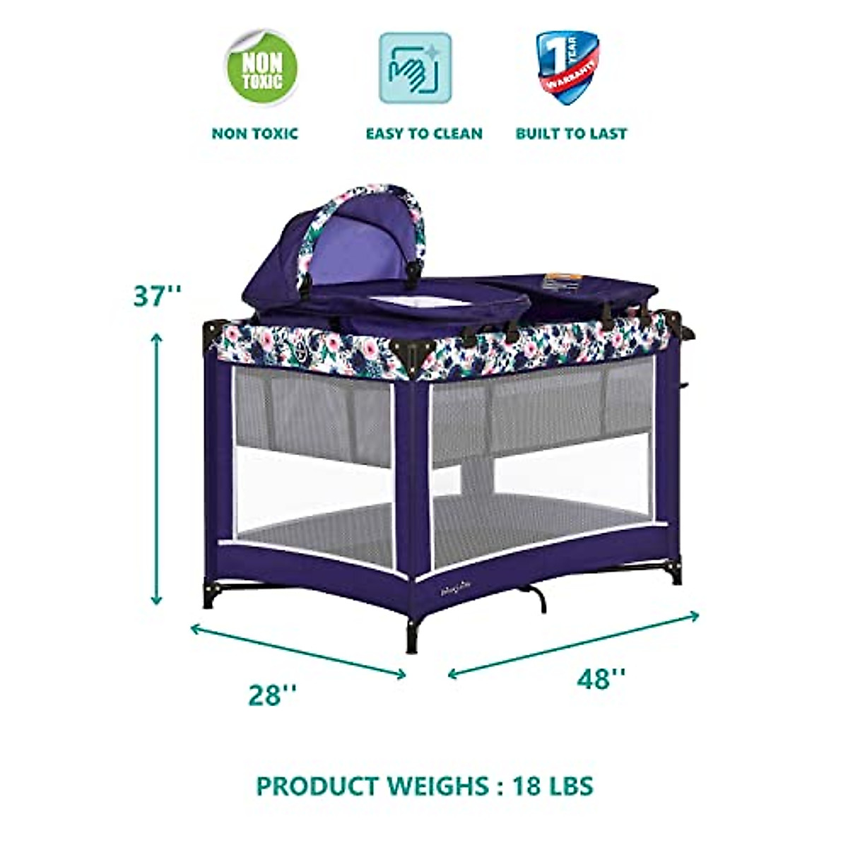 Dream On Me Lilly Deluxe-Playard in Floral Bloom with Full Bassinet, Changing Tray and Infant Bassinet with Canopy Waterproof Fabric, JPMA Certified, Lightweight