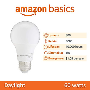 Amazon Basics A19 LED Light Bulbs, 60 Watt Equivalent, Energy Efficient 9W, E26 Standard Base, Daylight White 5000K, Dimmable, 10,000 Hour Lifetime , 6-Pack