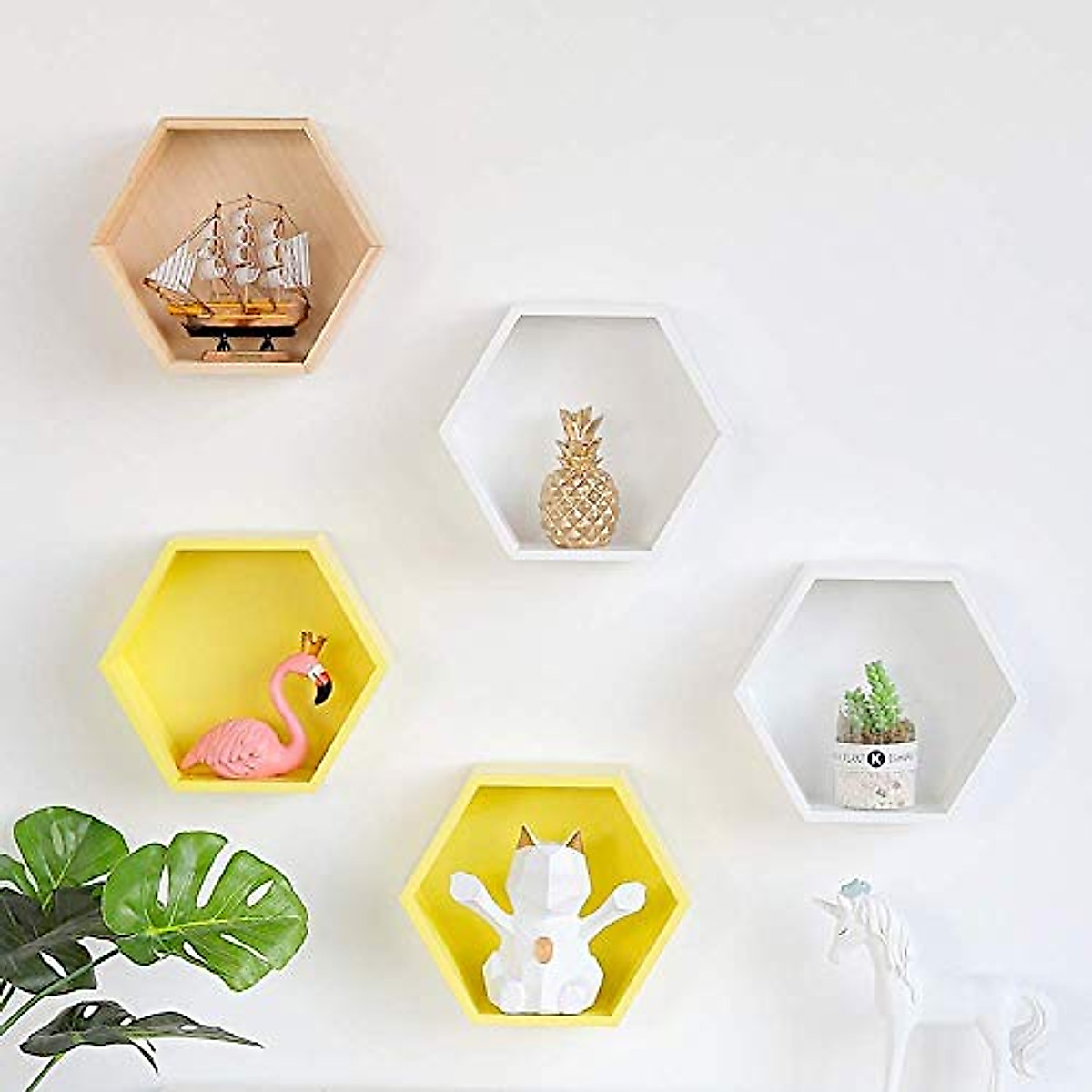 PIBM Stylish Simplicity Shelf Wall Mounted Floating Rack Shelves Retro Hexagon Solid Wood Storage Bedroom Easy to Install,3 Colors, Yellow , 27x9x23.5cm