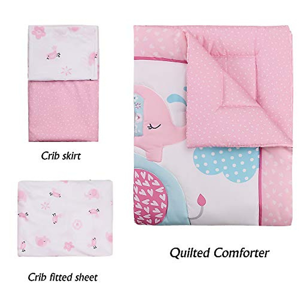 Luxanna Crib Bedding Set Pink Elephant 3 Pieces Baby Nursery Bedding Sets with Baby Comforter,Crib Fitted Sheet, Crib Skirt for Girls