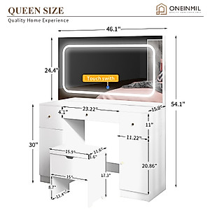 ClouDDwell Makeup Vanity Desk with Large Mirror and LED Lights, 3 Lighting Modes and Power Outlet. Makeup Vanity with 3 Drawers,2 Cabinets and Chair, Stool with Storage, for Bedroom, White, 1 Case