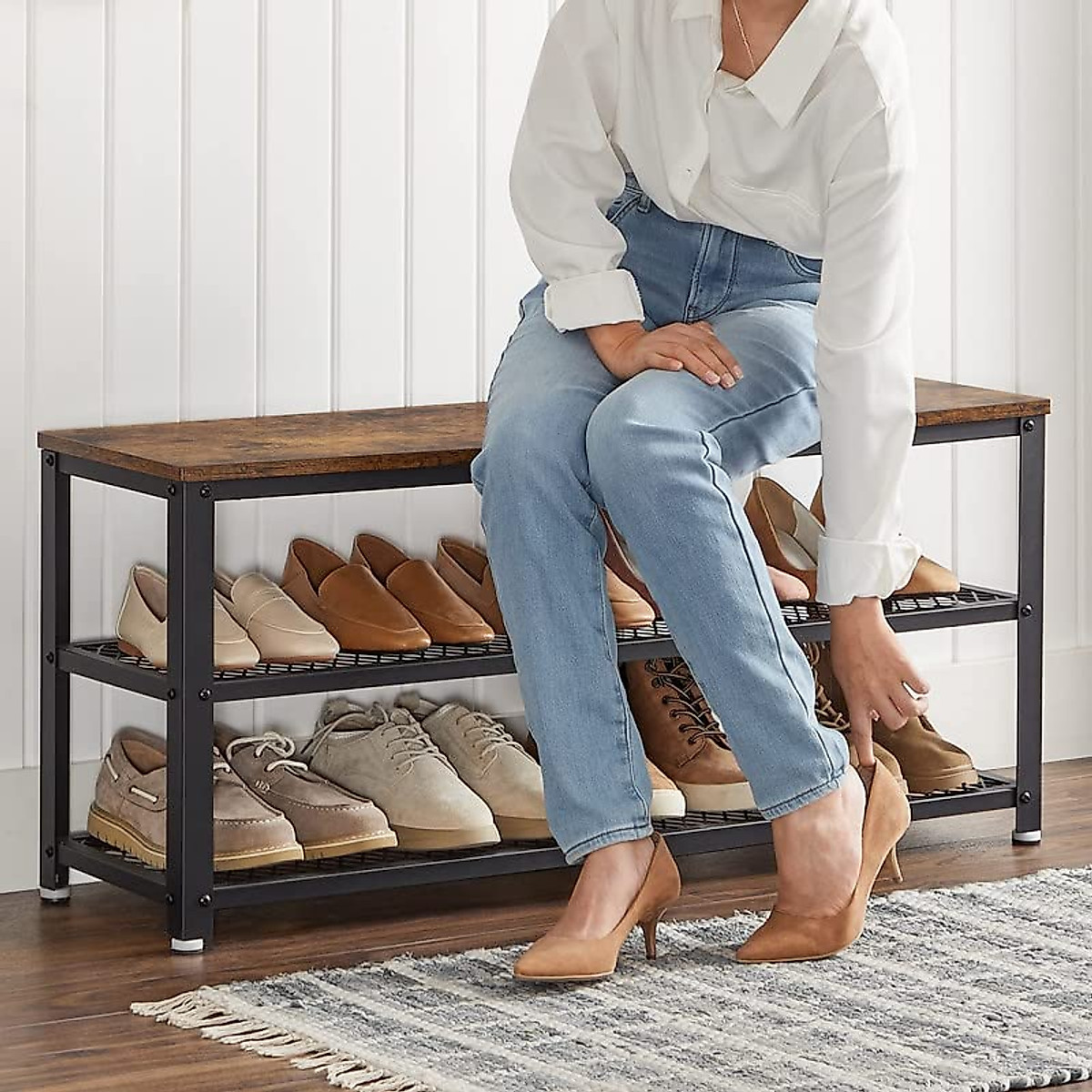 VASAGLE, 3-Tier Shoe Rack, Shelf Storage Bench with Metal Mesh Shelves and Seat, Free Standing Shoe Organizer for Entryway, 11.8 x 39.4 x 17.7 Inches, Rustic Brown and Black ULBS078B01