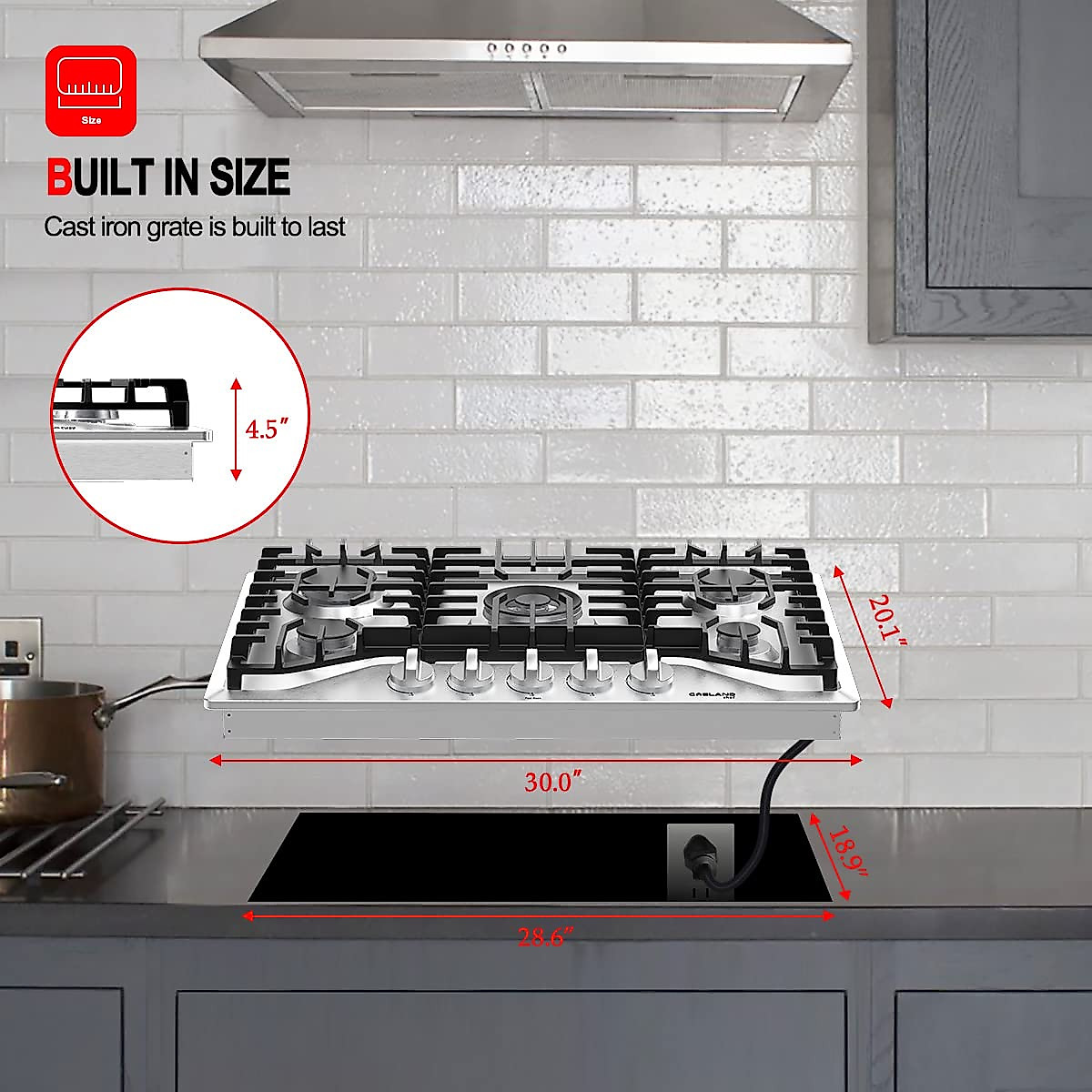 Gas Cooktop 30 Inch, GASLAND Chef 30'' Gas Stovetop, 5 Burners Gas Countertop, 41,300 BTU NG/LPG Convertible, 3.9 ft Cord Plug, 5 Italy Sabaf Sealed Burner, Auto Ignition, Thermocouple Protection